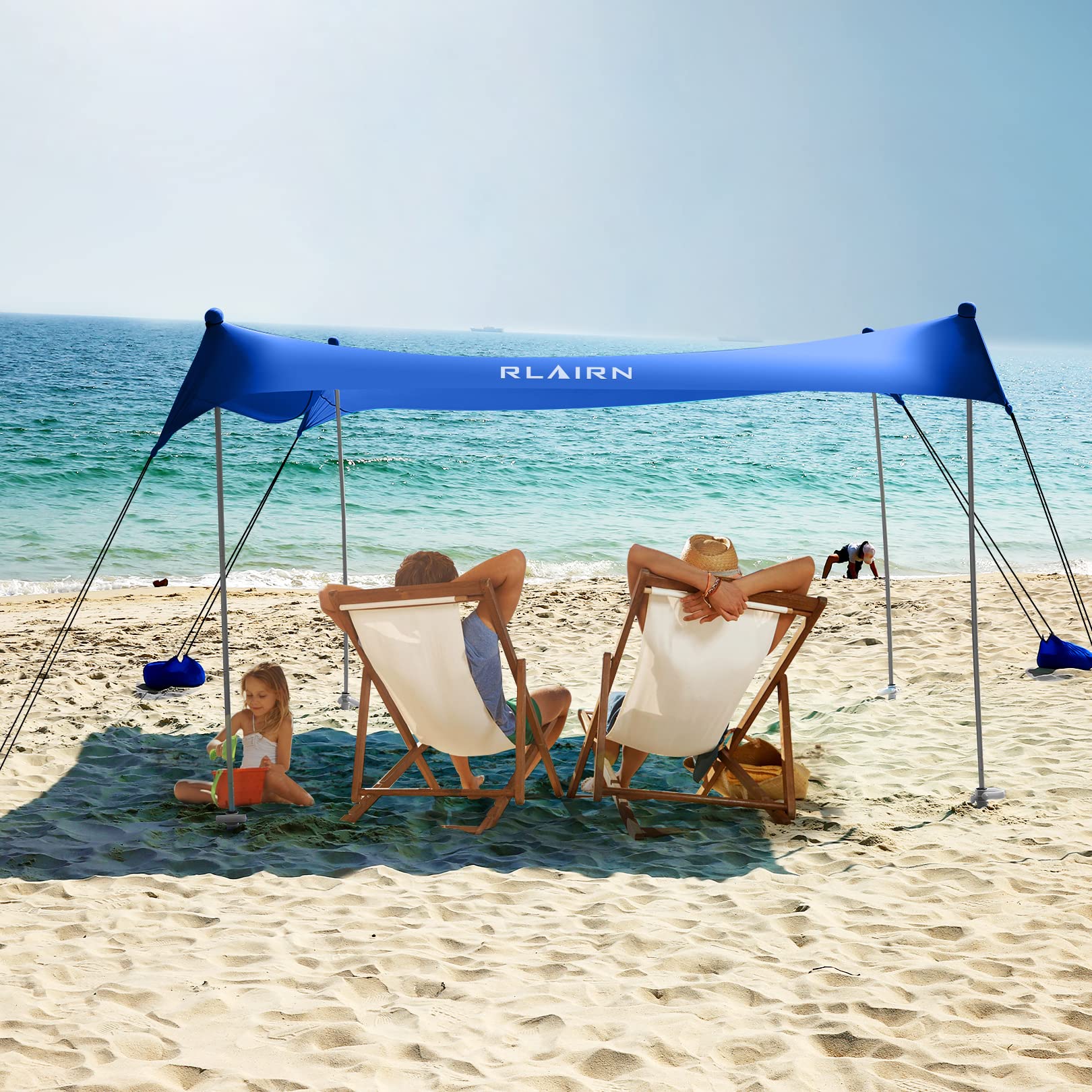 RLAIRN Beach Canopy Tent Sun Shade, Portable Beach Sun Shelter UV Protection Beach Shade Easy Setup with Poles for Beach, Camping, Backyard, Picnics (Blue 7×7 Ft with Rope) (Deep Blue 10×10 FT)