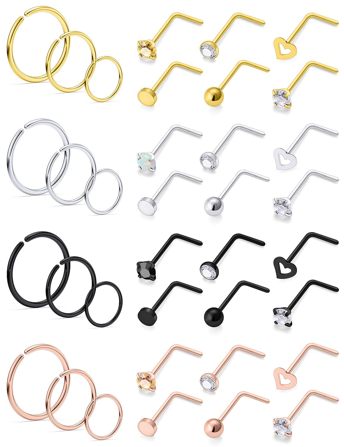 Lcolyoli 18g Nose Rings Studs L Shape Nose Ring Surgical Stainless Steel Nose Rings Hoop Diamond Heart Hypoallergenic Nostril Nose Piercing Jewelry for Women Men