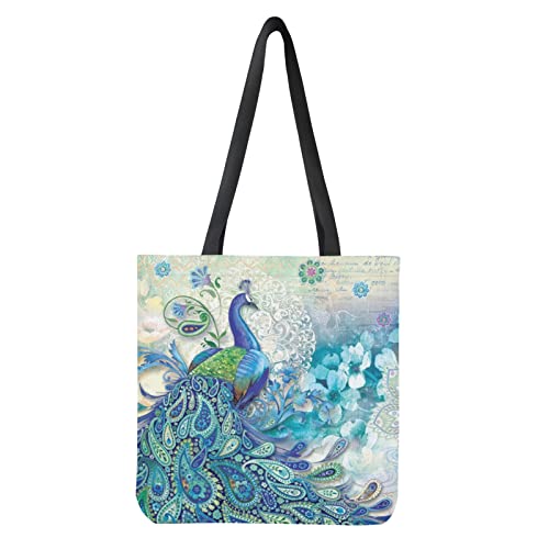 Xpyiqun Heavy Duty Canvas Tote Bag for Women Girls Peacock Graphic Eco-friendly Reusable Grocery Bags Foldable Shopping Bag Kids School Bookbag Sack Bags Shoulder Bag