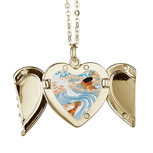Painting Japanese Culture Fish Water Folded Wings Peach Heart Pendant Necklace