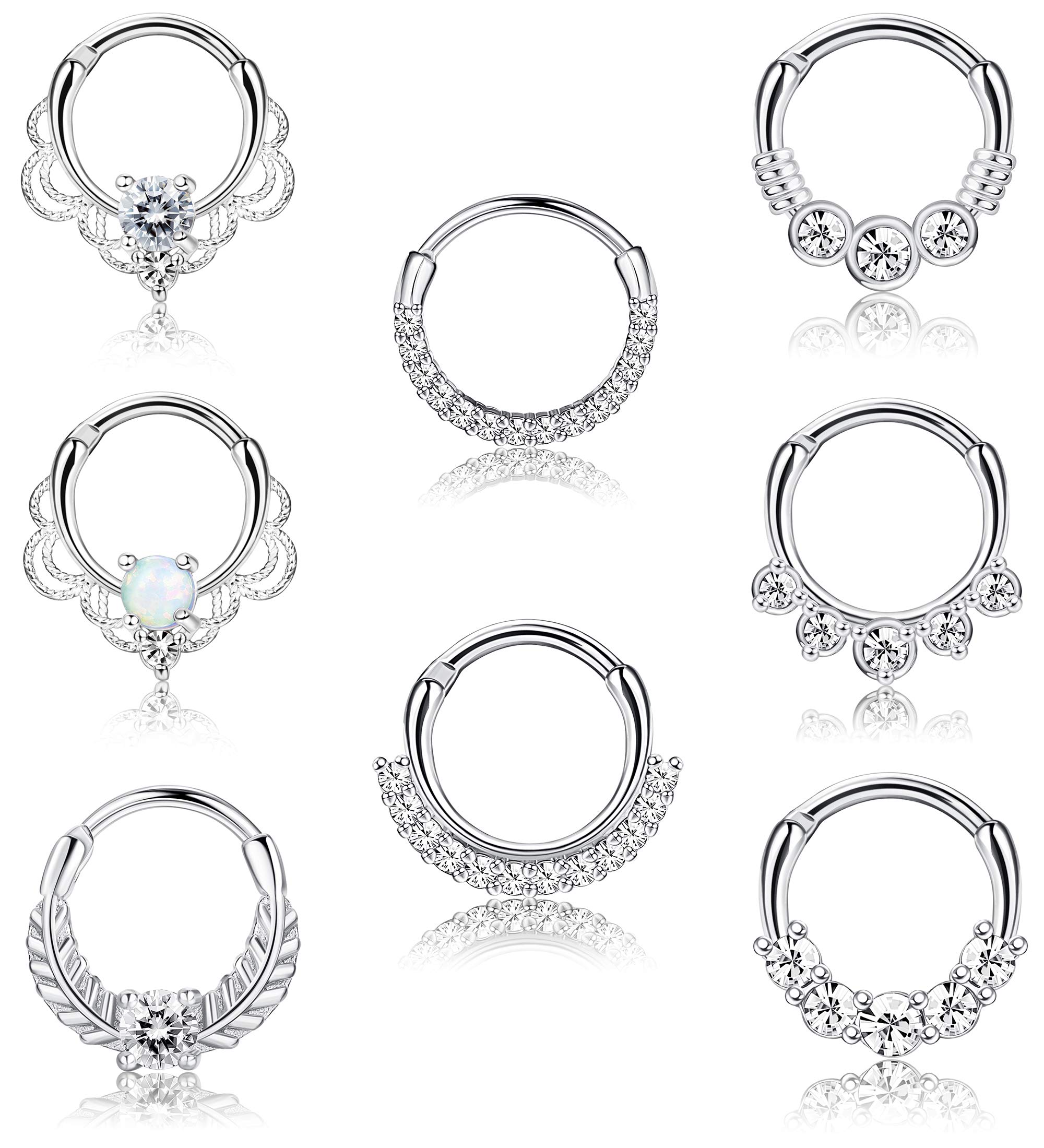 LOYALLOOK 8PCS 16G Septum Clicker Ring Stainless Steel CZ Opal Cartilage Helix Tragus Hoop Daith Earrings Nose Hinged Segment Ring Piercing Jewelry 10MM