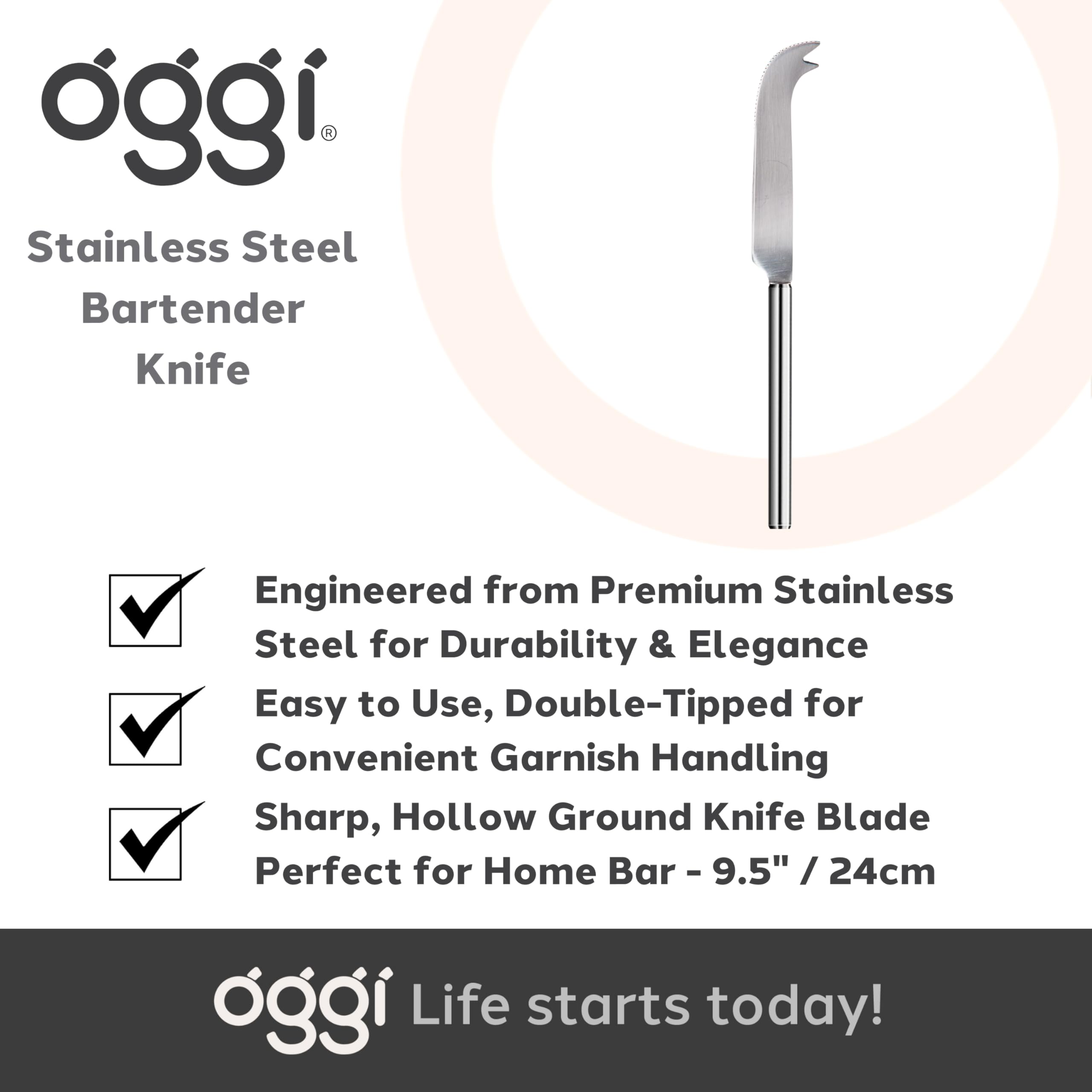 Oggi Bartender Knife, 9.5" / 24cm Bar Knife, Stainless Steel Handle, Double Tipped Stainless Steel Blade, Bar Cart Accessories, Bartender Accessories, Cocktail Kit
