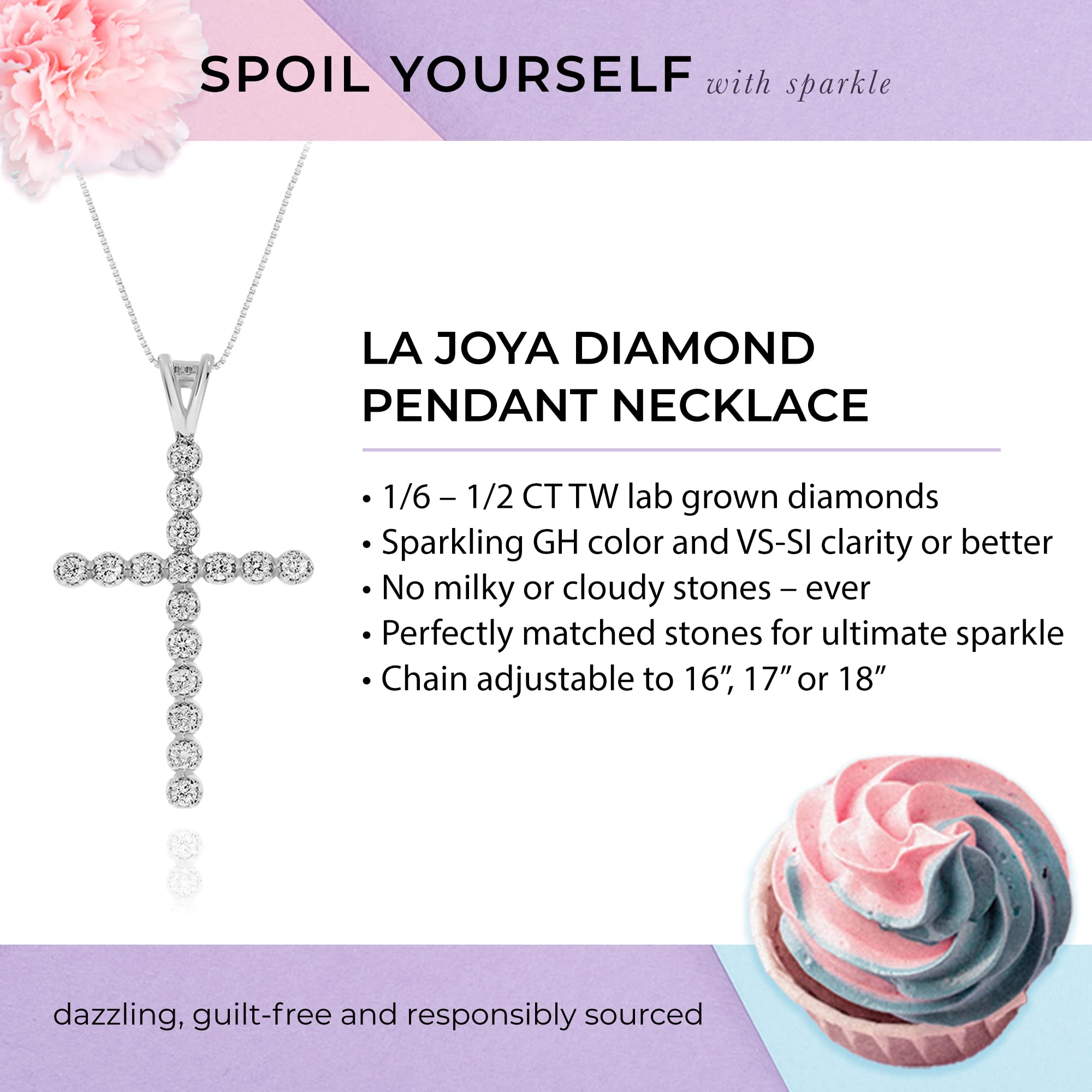 Lab Grown Cross Diamond Necklace For Women | 1/2 CTTW Real White Gold Plated 925 Sterling Silver Diamond Pendant Necklace | Ideal Gift for Women