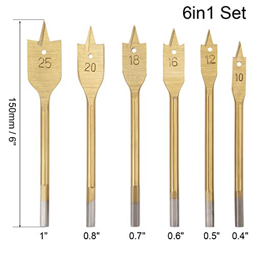 uxcell Spade Drill Bits for Wood Paddle Flat Bit 10 12 16 18 20 25 mm Hex Shank for Woodworking DIY Cutter Tool, High Speed Steel 6in1 Set