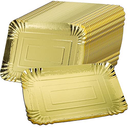 ZEAYEA 30 Pack Gold Serving Trays, Disposable Cookie Trays Platter for Parties, Rectangle Sturdy Paper Cardboard Serving Platters for Dessert Table, Cupcake Display, Birthday Party, Wedding, 14" x 10"