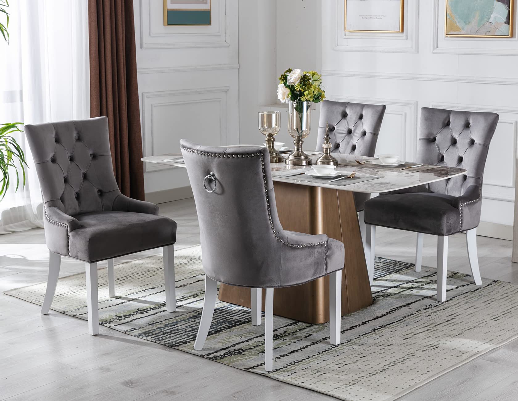 Kmax Velevt Dining Chairs Set of 4 Upholstered Side Chairs Mid Century Modern Accent Chairs with Button Tufted White Wood Legs for Dining Room Guest Room Restaurant, Dark Grey