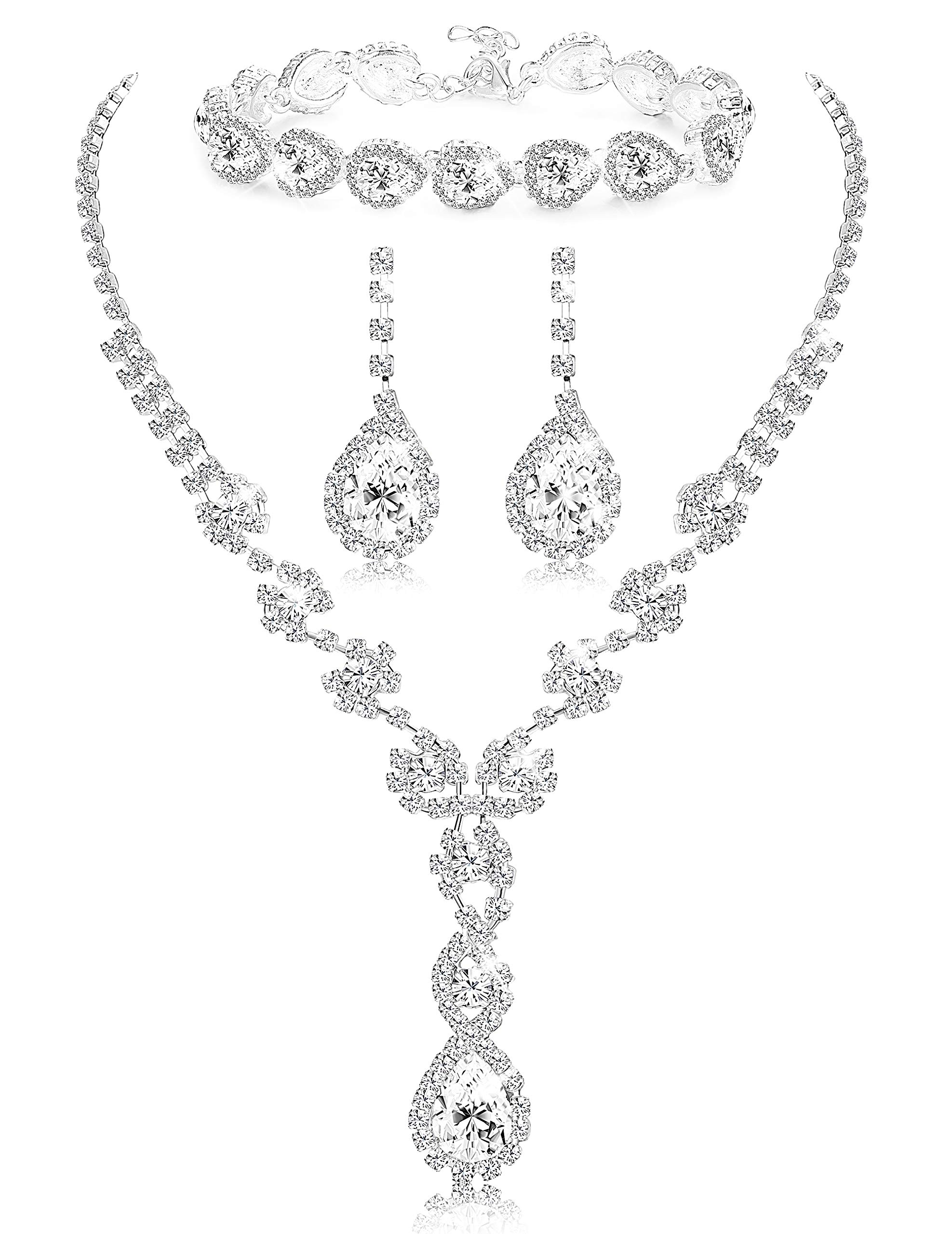 LOYALLOOK Women's Rhinestone Teardrop Necklace Bracelets and Dangle Earrings Jewerry Sets for Proms Weddings