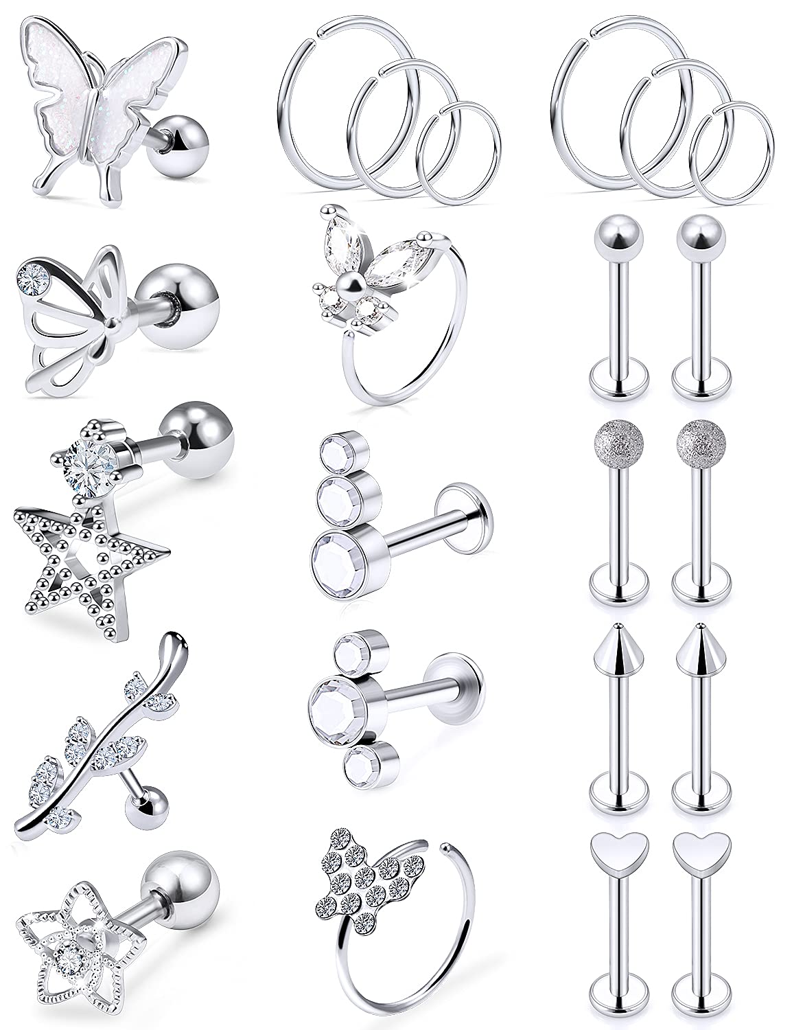 Oufksiyy tragus piercing jewelry 16G surgical steel tragus earrings for women cartilage earring Stud s Hoop butterfly cz Rook Piercing Jewelry For mens earrings Silver