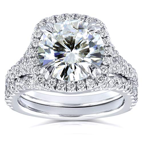Kobelli Round G-H Moissanite Cushion Halo Bridal Wedding Set 4 CTW 14k White Gold, 7.5