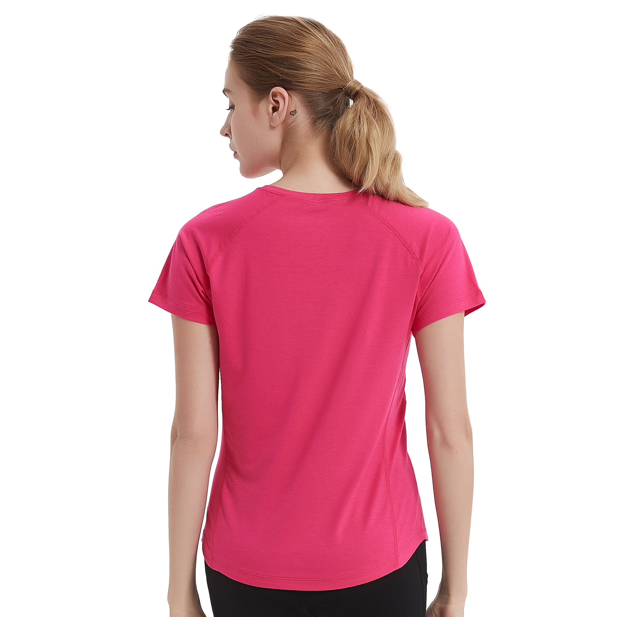netdraw Women's Ultra-Soft Bamboo Workout T-Shirt Seamless Yoga Running Gym Athletic Casual Short Sleeve Tops(Rose Red, Medium)