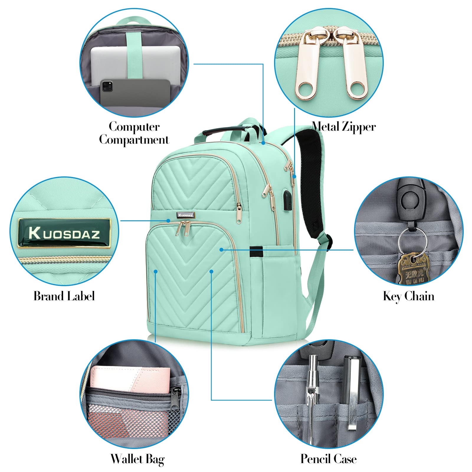 Kuosdaz Backpackf or Men Women, School Backpack for Boys Girls, 15.6 Inch Quilted Laptop Backpack with USB Charging Port, Large Bookbags for Teens, Teal