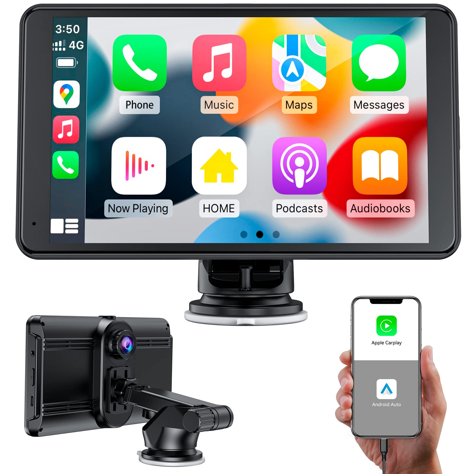 Spedal Portable Wired Car Stereo with Apple Carplay & Android Auto, 1080P Dash Cam with 7 Inch HD IPS Touchscreen, Voice Control, FM Transmitter, AUX/USB/32G TF Card, Supports Most Car Models