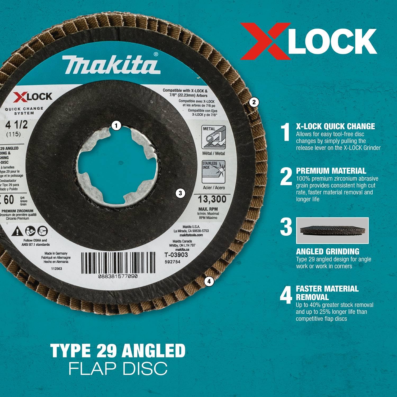 Makita T-03894 X-LOCK 4β1/2" 40 Grit Type 29 Angled Grinding and Polishing Flap Disc for X-LOCK and All 7/8" Arbor Grinders