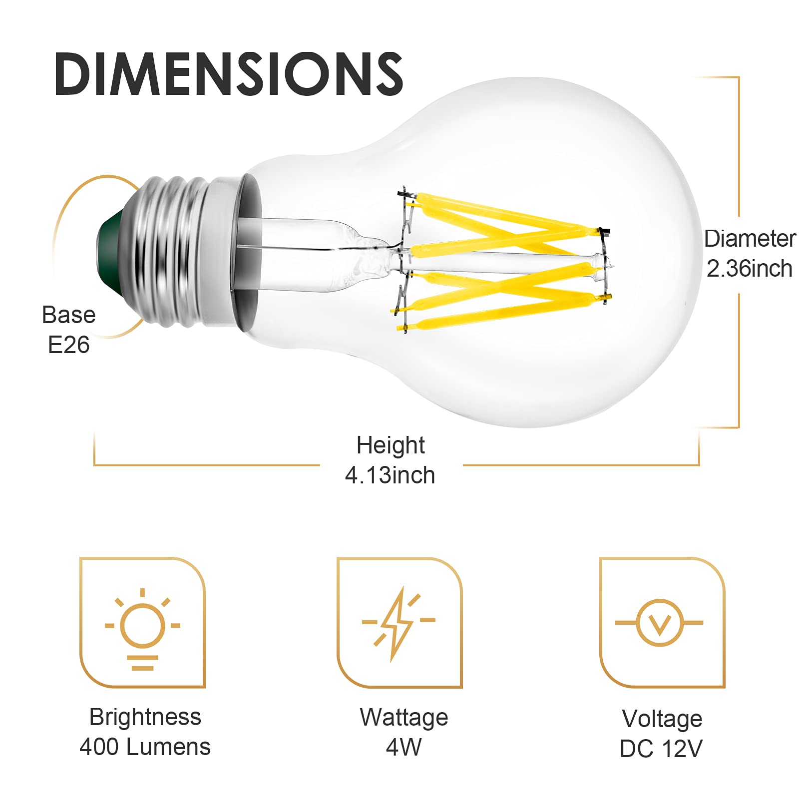 LEESANRAN 12V 24V 36V Vintage Edison Light Bulbs Low Voltage 3pack Warm 2700K 4Watt LED Filament A19 Light Bulb E26 Medium Base Lamp 40 watt Equivalent Marine Boat Solar Retro Edison Battery Lighting