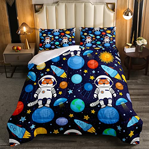spefrowx Fox Astronaut Bedding Set King Mystic Outer Space Bedding Comforter Sets Sun Moon Stars Print Duvet Insert Rocket Spaceship Quilted Comforter Kids Cartoon Style Quilt Set Microfiber 3 Piece