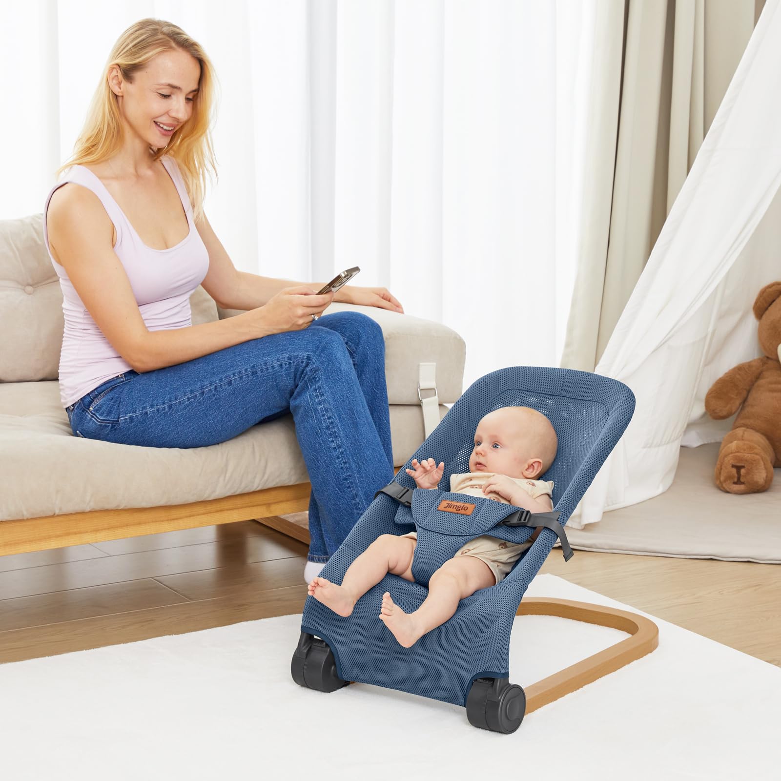 Jimglo Baby Bouncer, Portable Infant Bouncer Seat for babies, Newborn Bouncy with Mesh, Foldable, Beige