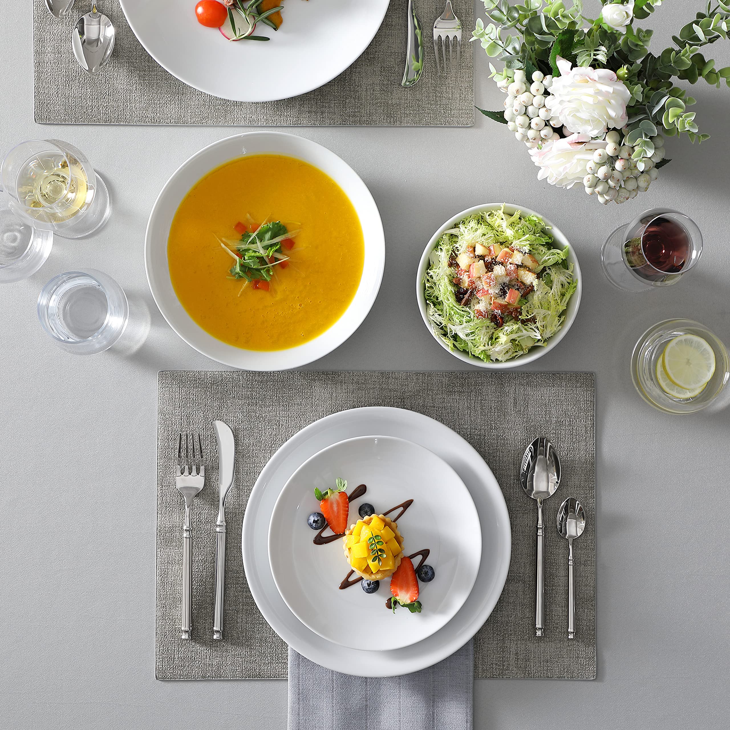MALACASA 24-Piece Gourmet Porcelain Dinnerware Sets, Modern White Round Dish Set for 6 - Premium Serving Plates and Bowls Sets for Dessert, Salad, Soup, Pasta - Series AMELIA