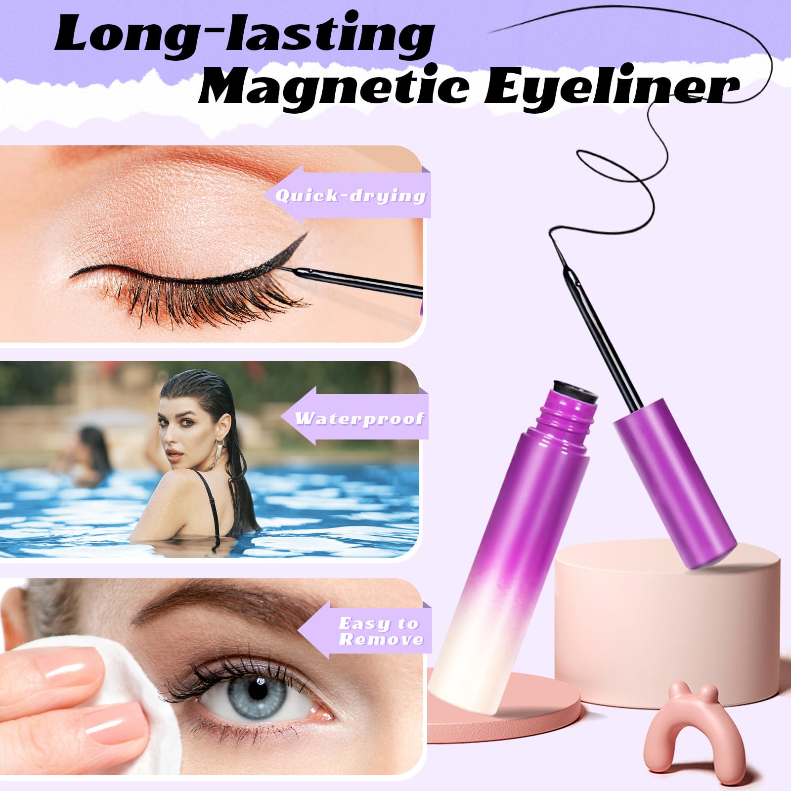 Magnetic Eyelashes with Magnetic Eyeliner Kit, 3D Natural Look False Eyelashes, Reusable Magnetic Lashes with Eyeliner and Tweezers, No Glue (Gradient Purple)
