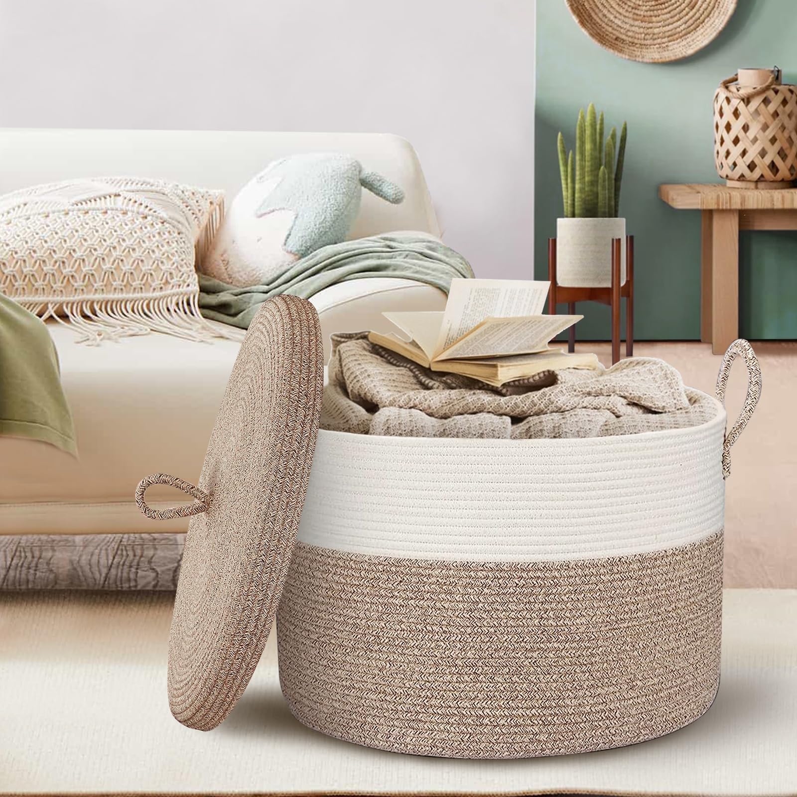 MEGASKET Large Basket with Lid, 20" x 20" x 15" Blanket Storage Basket for Living Room, Wicker Storage Basket with lid, Woven Cotton Rope Baskets for Storage, Big Throw Blankets Pillows Organizer Bins