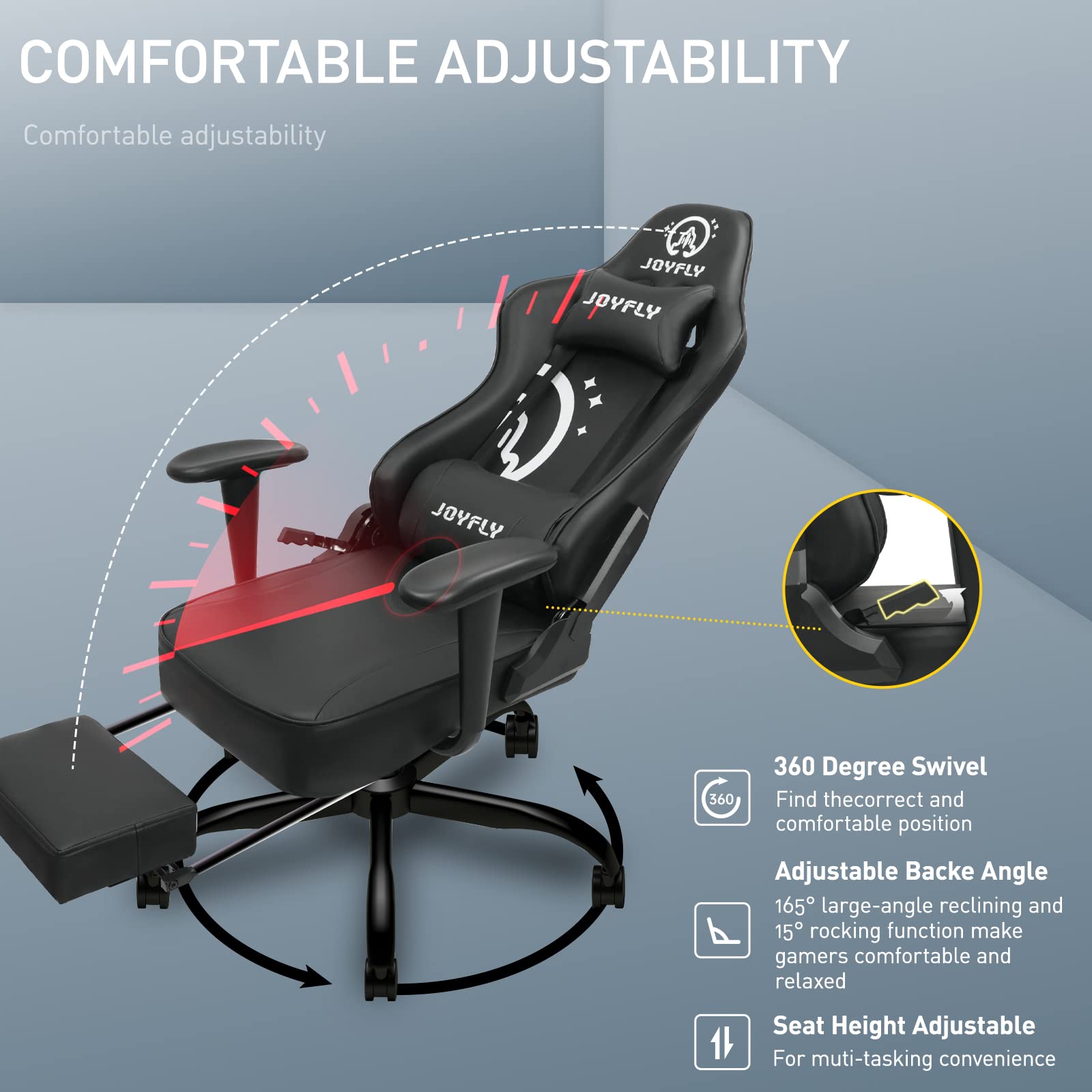 JOYFLY Computer Chair, High Back Gaming Chair for Adults Ergonomic Gamer Chair with Footrest, PC Office Chair with Lumbar Support Height Adjustable and 4D Armrests, 350lbs Capacity, Black