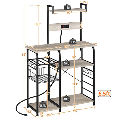 Yaheetech Bakers Rack with Power Outlet, 4-Tier Microwave Stand Cart Coffee Bar with Wire Basket and Wine Storage, Freestanding Kitchen Organizer Rack with 10 Hooks, Gray