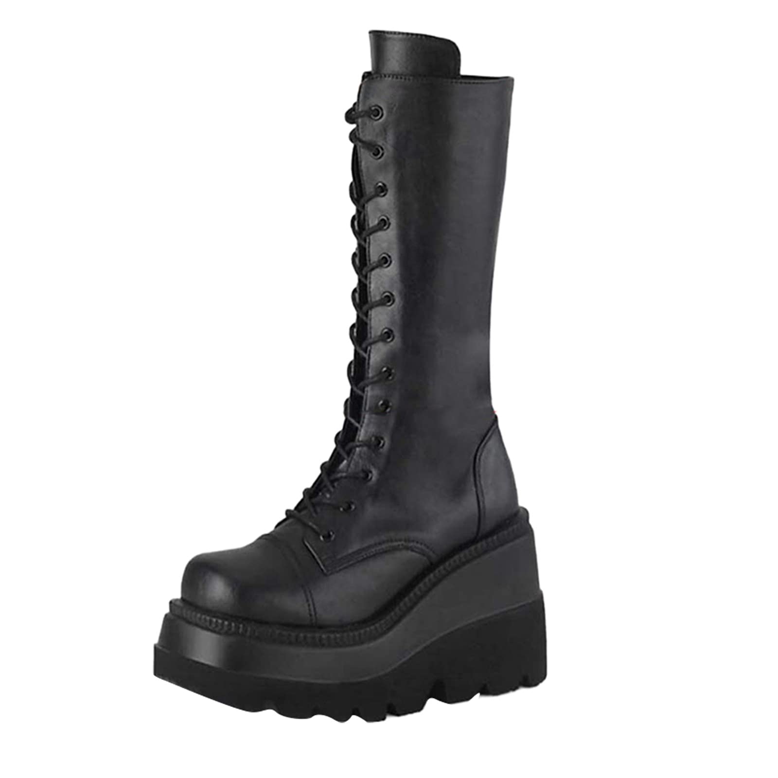 NOLDARES Platform Boots for Womens Goth Wedge High Heel Sexy Side Zipper Printed Motorcycle Combat Studded Knee High Boots, Z1 Black, 8