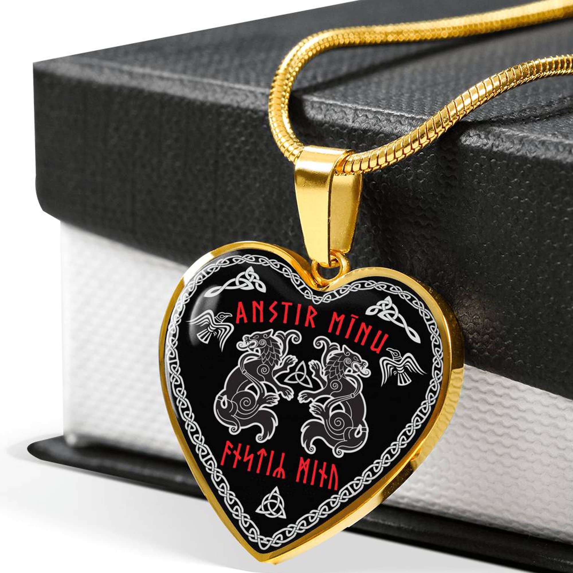 My Love Nordic Elder Viking Runes Wolf Necklace Norse Pagan Wolves Pendant Gift (18k Gold Finish + engraving)