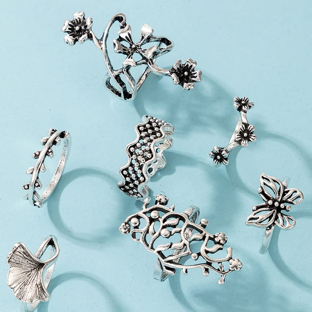 Octwine 7Pcs Silver Bohemian Statement Knuckle Rings Flower Carved Stackable Rings Stacking Ring Jewelry for Women and Girls