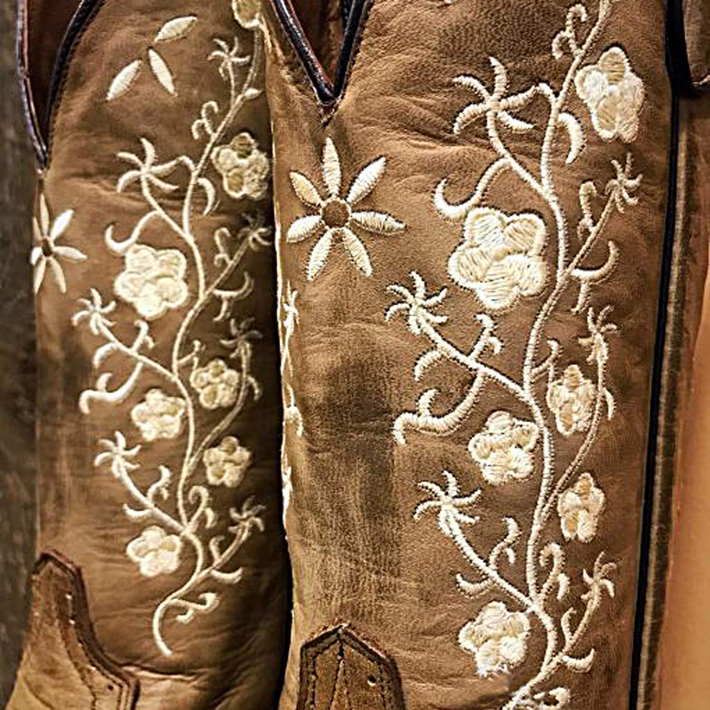 NOLDARES Women's Mid Calf Boots Round Toe Pull On Flower Embroidery Mid Heel Cowgirl Boots Women Chunky Heel Wedge Boots
