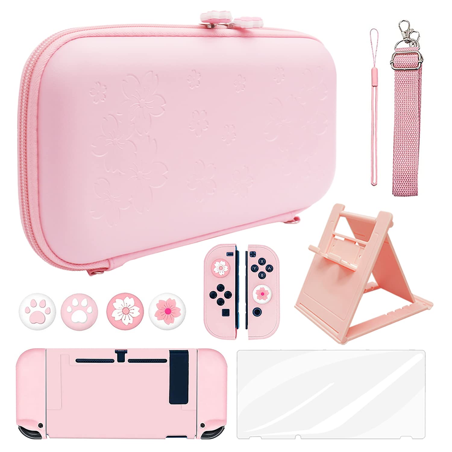 Laishalaiku Pink Protective Carrying Storage Case Accessories Kit Compatible with Nintendo Switch - Hard Protective Cover | Glass Screen Protector | Adjustable Stand | Thumb Grip Caps (10 in 1)