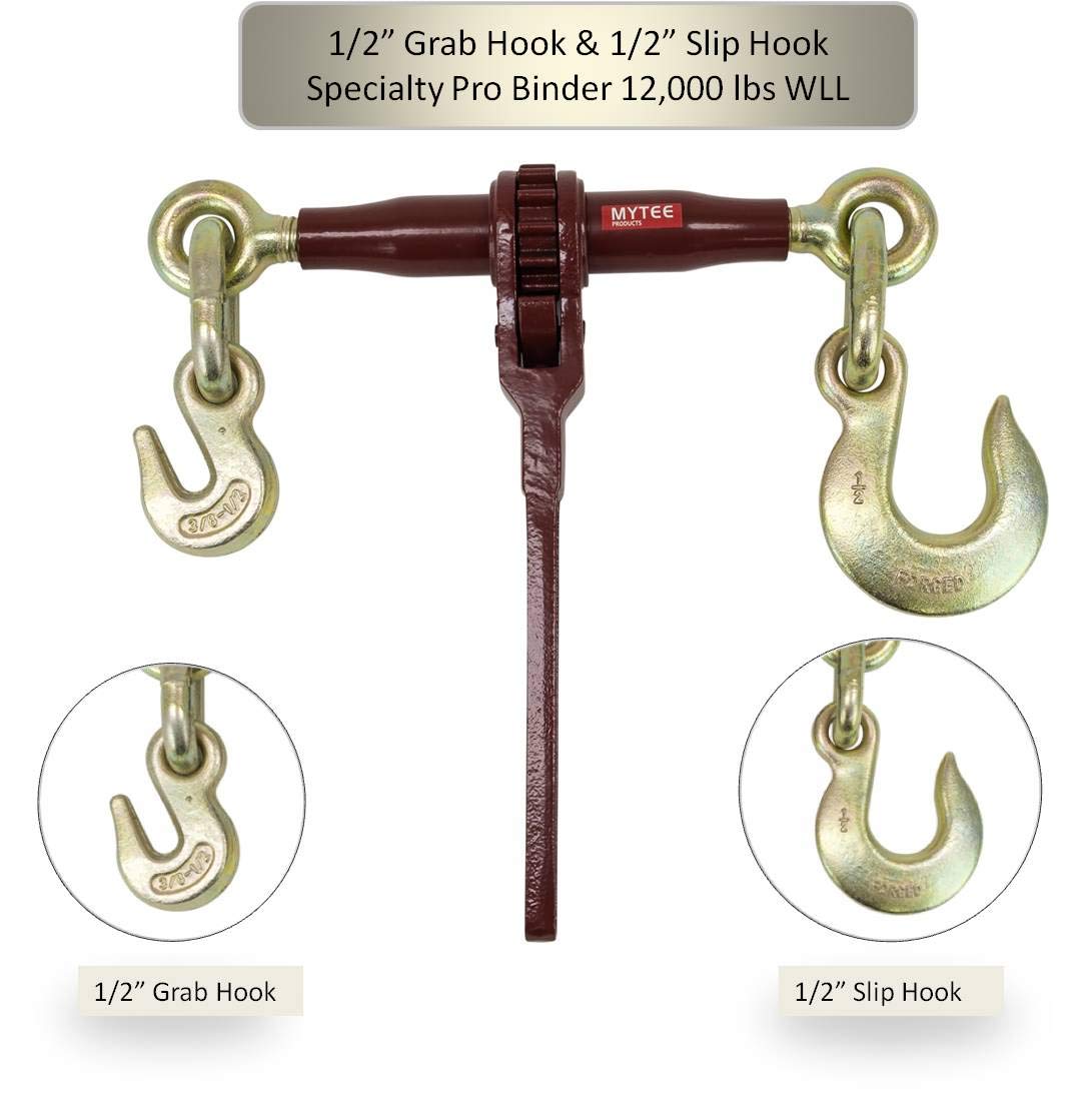 Mytee Products Heavy Duty Specialty Pro Ratchet Load Chain Binder w/ 1/2" Grab Hook on One Side & 1/2" Slip Hook Other Side, 12,000 Lbs Load Limit | Chain Binders for Flatbed Truck Trailer - 4 Pack