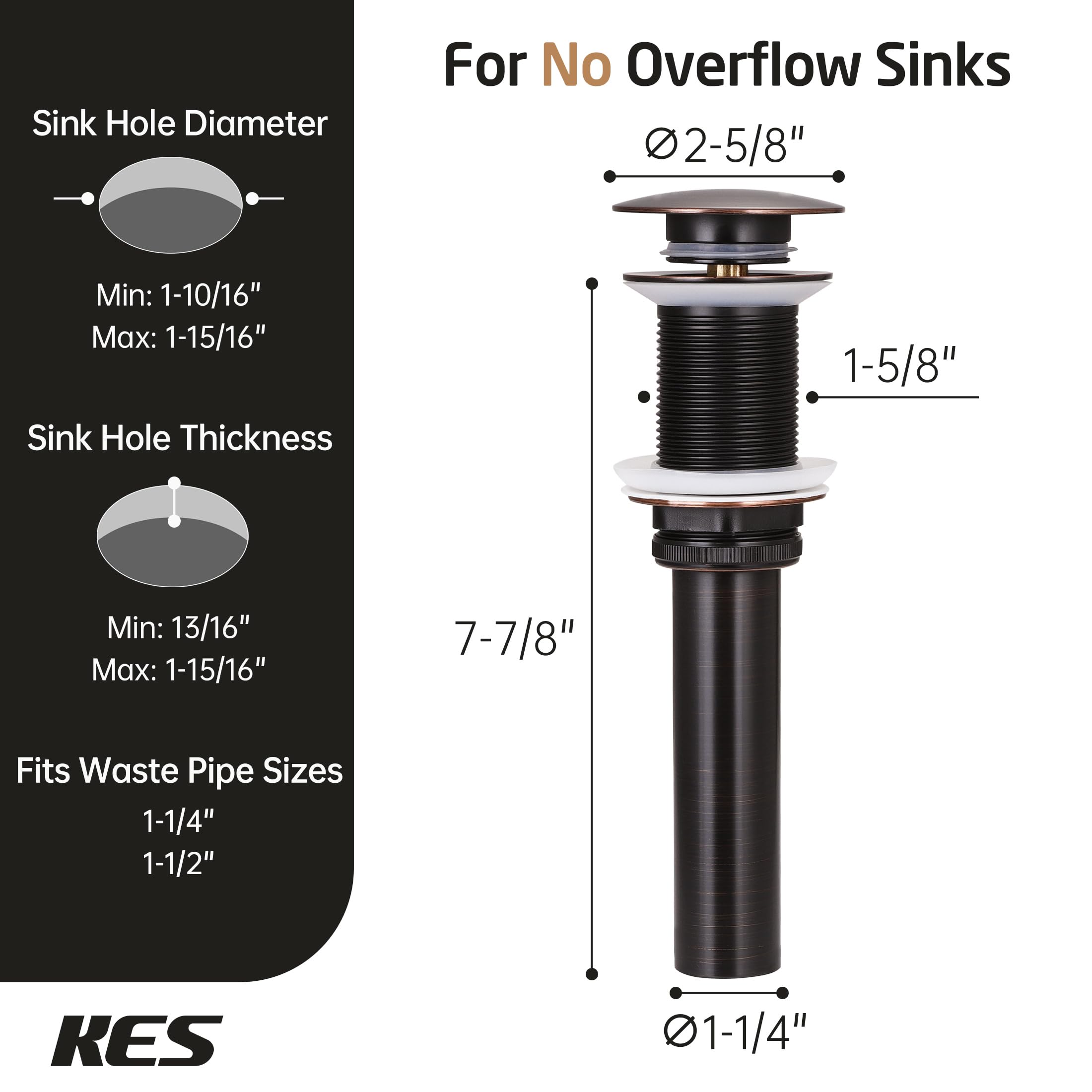 KES Bathroom Sink Drain without Overflow Vessel Sink Lavatory Vanity Pop Up Drain Stopper Oil Rubbed Bronze Finish, ALL Metal Rustproof Brass and 304 Stainless Steel, S2008D-ORB