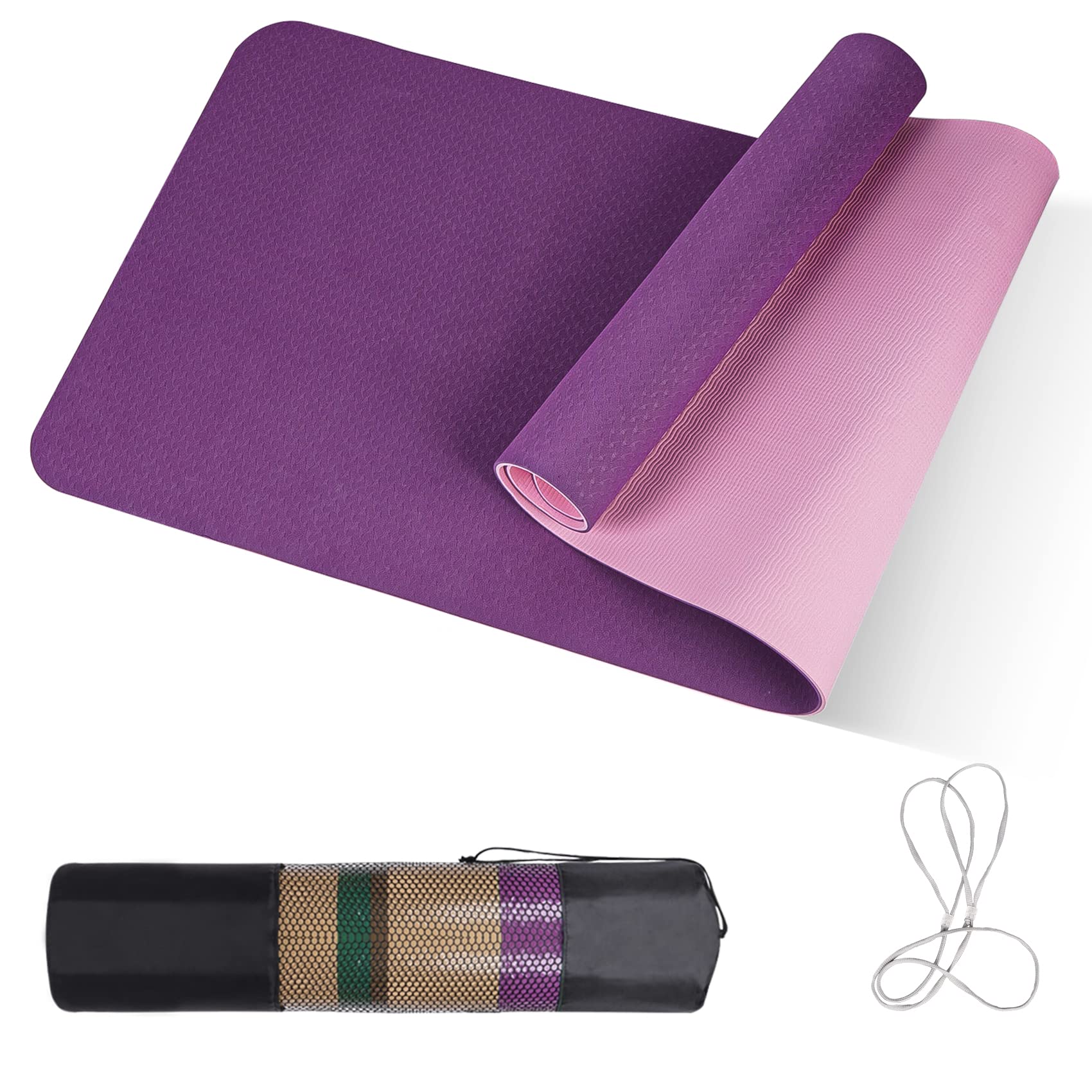 Non-Slip Yoga Mat, Eco Friendly TPE Workout Mat with Strap and Bag, 1/4 Inch Thick, 72”x 24”, Comfortable and Easy to Carry, Purple