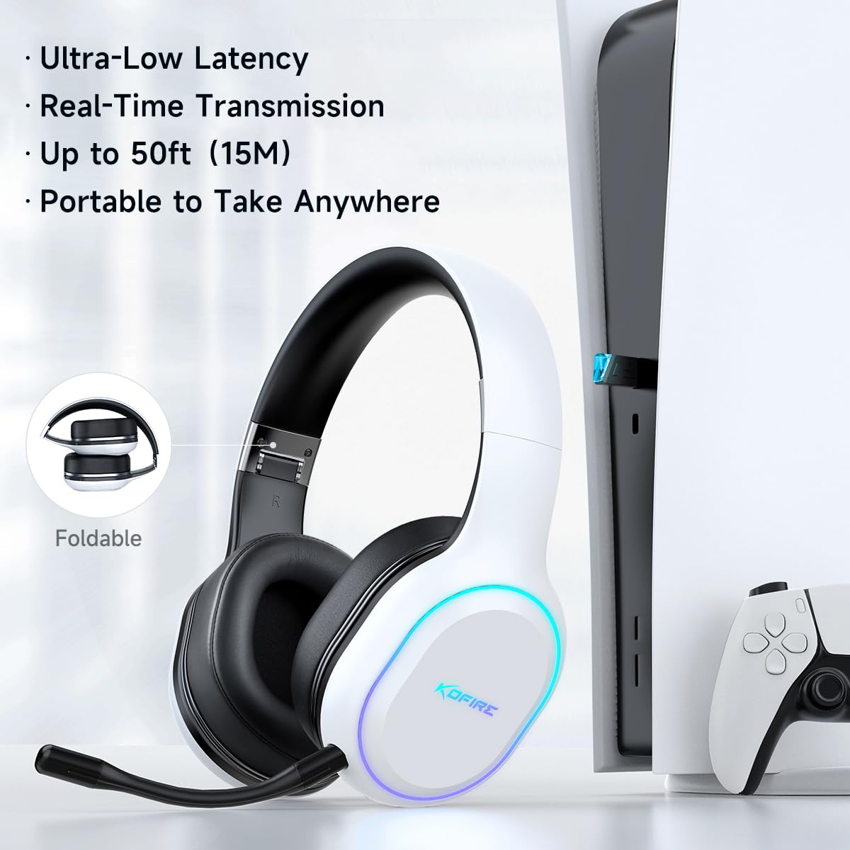 KOFIRE Wireless Gaming Headset for PlayStation 5, 3D Stereo Sound, Bass Feedback, 2.4GHz/Bluetooth, Detachable Mic, Ultra-Low Latency,White Headphones for PS5, PS4, PC