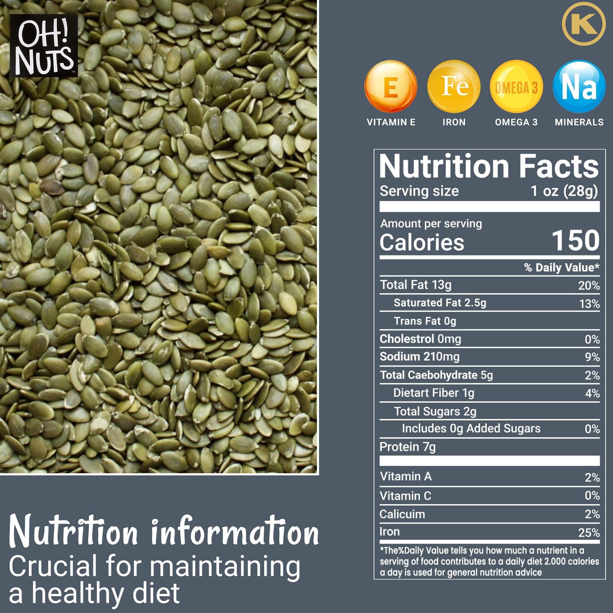 Oh! Nuts Roasted Salted Pumpkin Seeds | All-Natural Protein Power | Fresh, Healthy Keto Snacks | Unshelled Pepitas in 1.25 LB Resealable Bulk Bag | Vegan & Gluten-Free Snacking