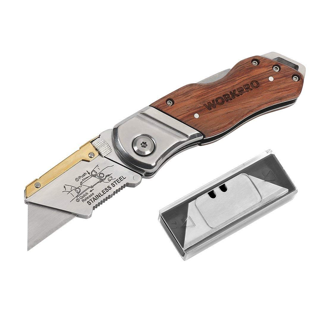 WORKPRO Utility Knife Blades Dispenser SK5 Steel 100-pack and WORKPRO Wood Handle Folding Utility Knife