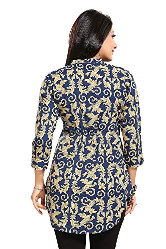 Keshubaba Indian Kurtis for Women - Crepe Indian Style Short Kurta Kameez - Printed Tunics Tops for Jeans & Leggings (Blue/3X-Large)