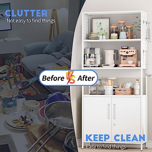 Yizosh 5-Tier Bookshelf, Tall Bookcase with Doors, Industrial Display Standing Shelf Units with Lock & Pegboard, Metal Storage Shelves for Living Room, Bedroom, Home Office (White)