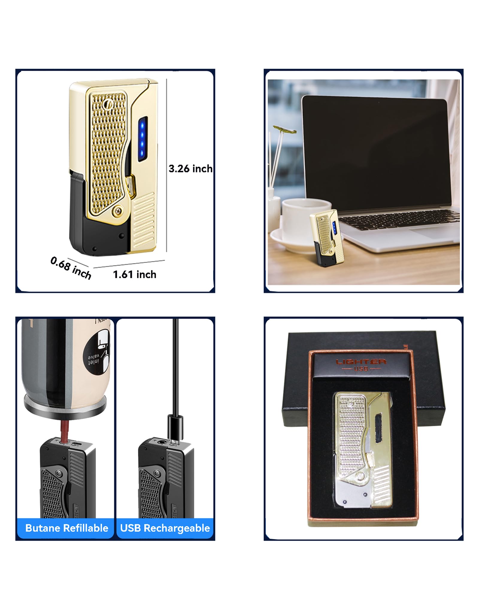 Jnfire 2 in 1 Lighter, Foldable Dual Arc Lighter and Butane Refillable Jet Flame Windproof, Electric USB Rechargeable, Cool Folding Lighter Gift for Men, Butane Not Included (Black Color)