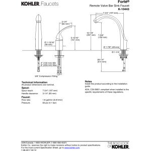 KOHLER 10430-BN Forte 3-Hole Remote Valve Kitchen Sink with 9" spout and Matching Finish sidespray, Vibrant Brushed Nickel
