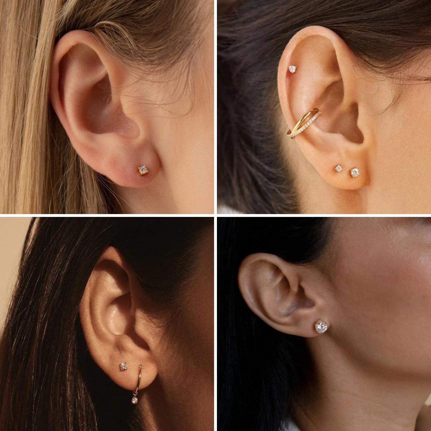 Kainier Women's 5 Pairs 14K Gold Plated CZ Stud Earrings Simulated Diamond Round Cubic Zirconia Hypoallergenic Ear Stud Set(5 Pairs)