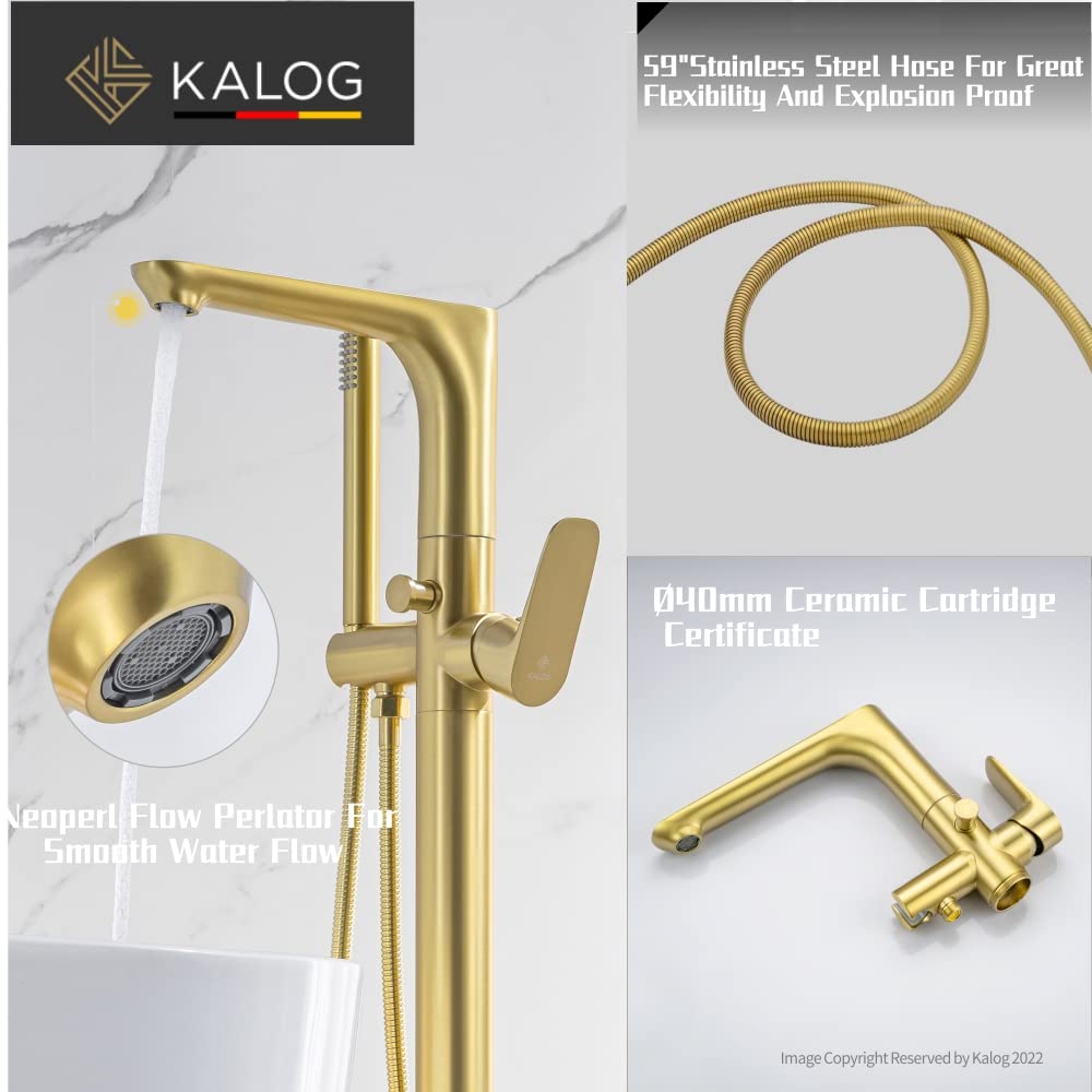 Kalog Single Handle Freestanding Tub Filler Floor Mount Bathtub Faucet with Handheld Shower (Brushed Gold-B)