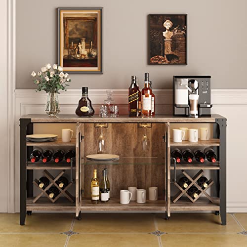 Vabches Wine Bar Cabinet for Liquor and Glasses, Farmhouse Coffee Cabinet, Home Living Room Dining Room, Sideboard Buffet with Storage Kitchen, 58 in(L) (Rustic Oak)