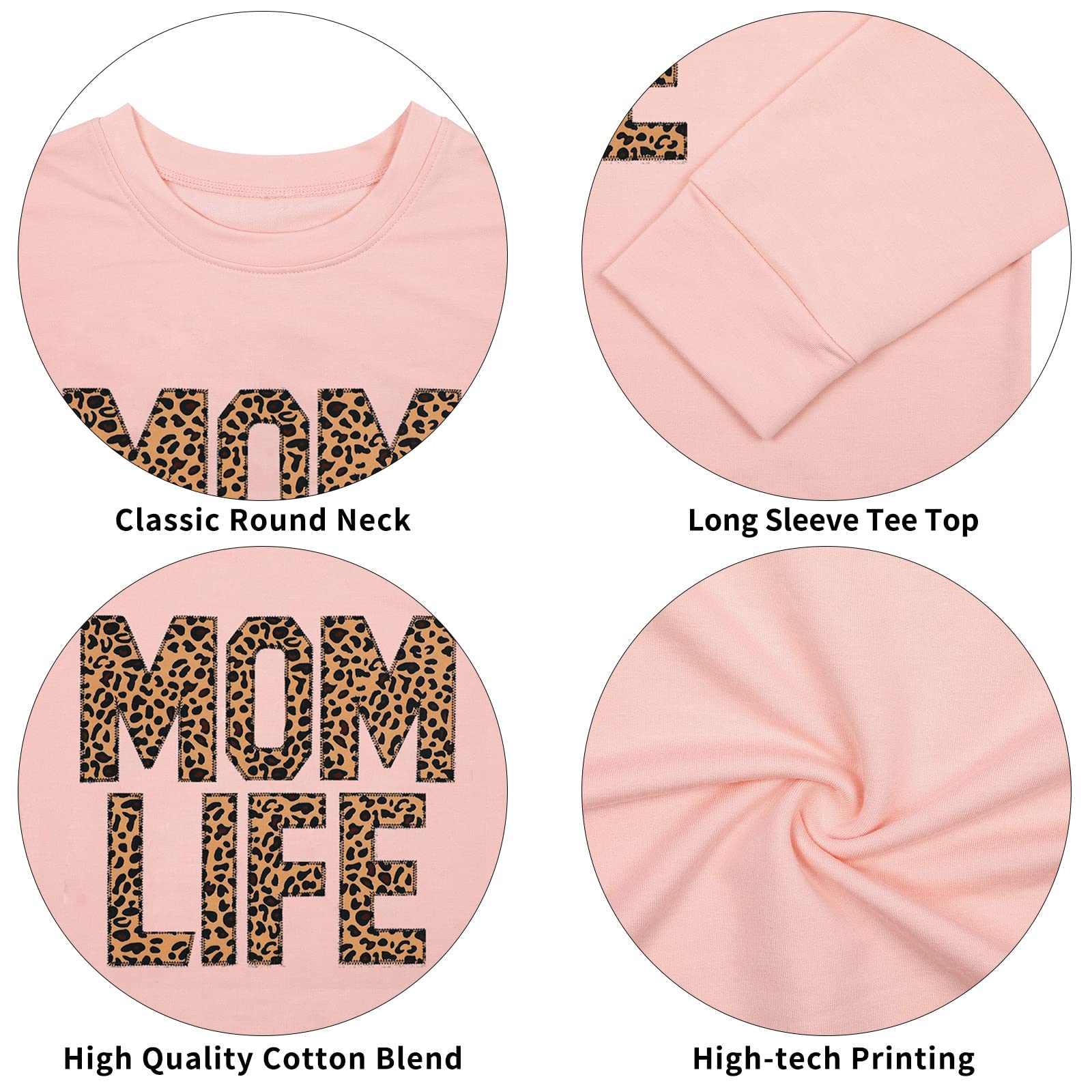 MOUSYA Mom Life Tops Women Mom Letter Printed Sweatshirt Leopard Graphic Casual Long Sleeve Crew Neck Pullover Tops (Small, A_pink)