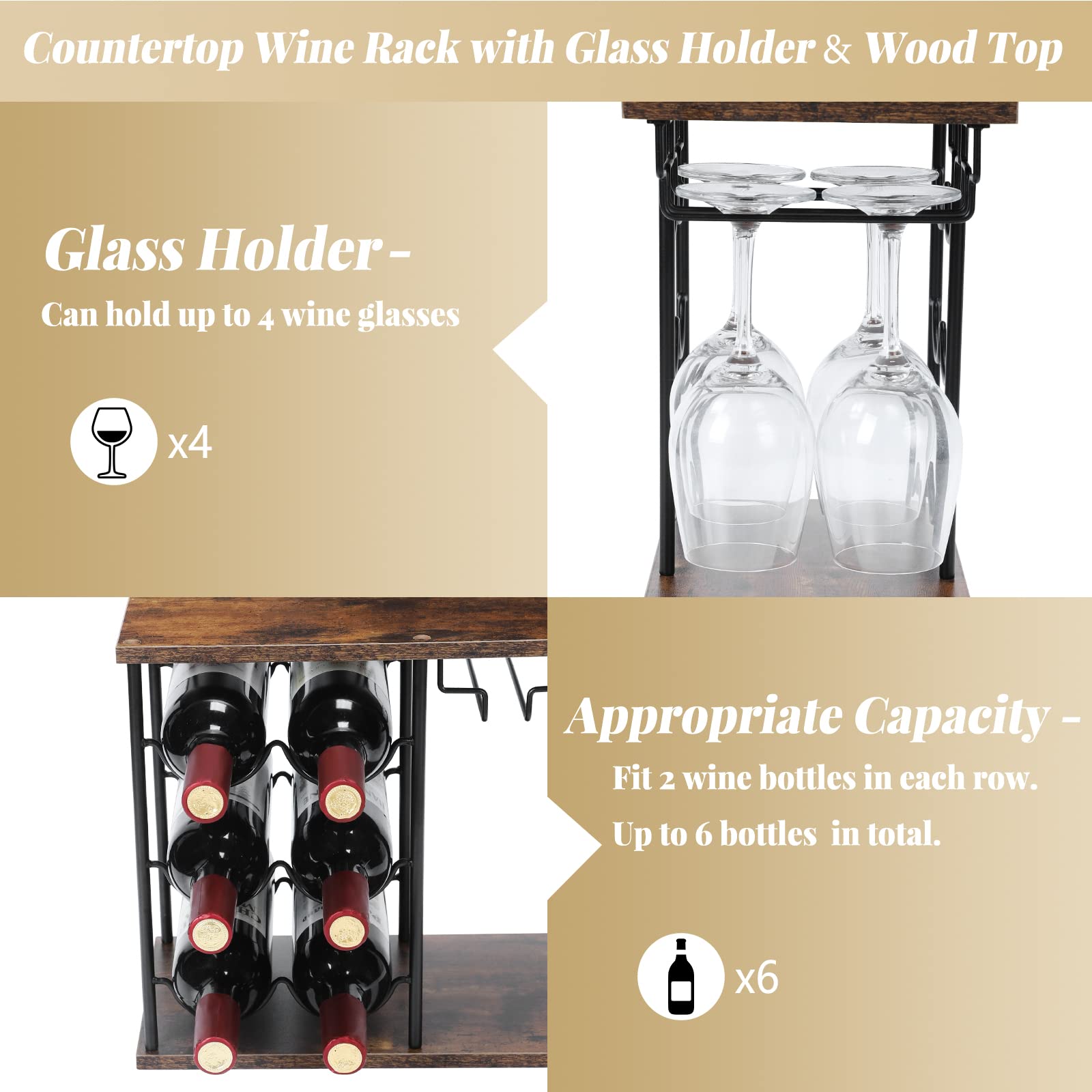 MOOACE Countertop Wine Rack, Hold 6 Wine Bottles and 4 Glasses Rack, Freestanding Wine Rack for Home, Kitchen, Bar Table, Wine Cellar, Cabinet