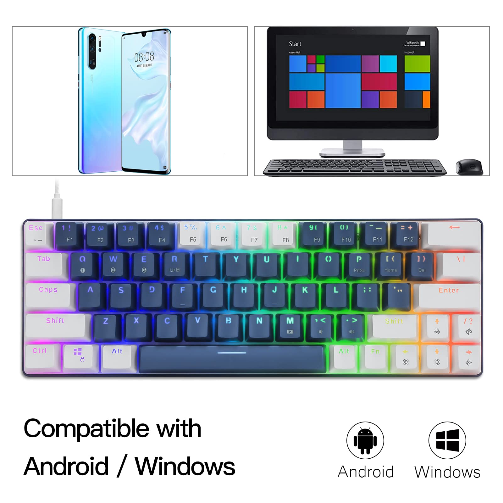 NORCHE 60% Mechanical Gaming Keyboard,Wired/Bluetooth 5.0 Modes,RGB Backlit Ultra-Compact Mini Keyboard, Compact 63 Keys Keyboard for PC/Mac Gamer,Office,Gaming,Homeoffice