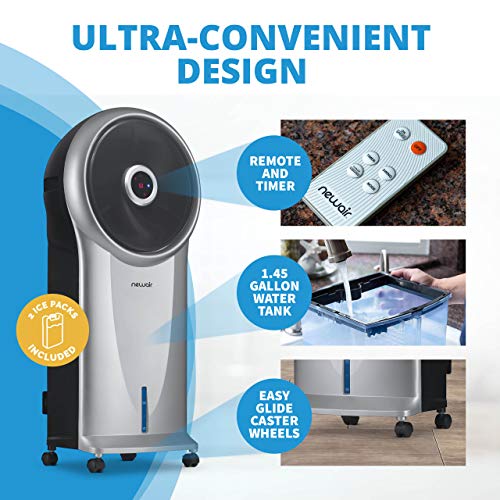 Newair Evaporative Air Cooler and Portable Cooling Fan in Silver, Honeycomb Pad Cooling, 470 CFM, 1.45 Gallon Removable Water Tank, Remote Control and Timer, Cost Saving Cooling for Dry Climates