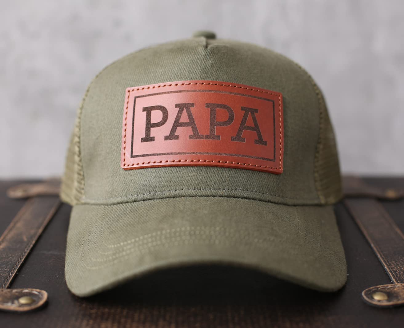 Papa Hat,Leather Patch Hat Papa for Papa Baby Announcement Gift for Papa Olive