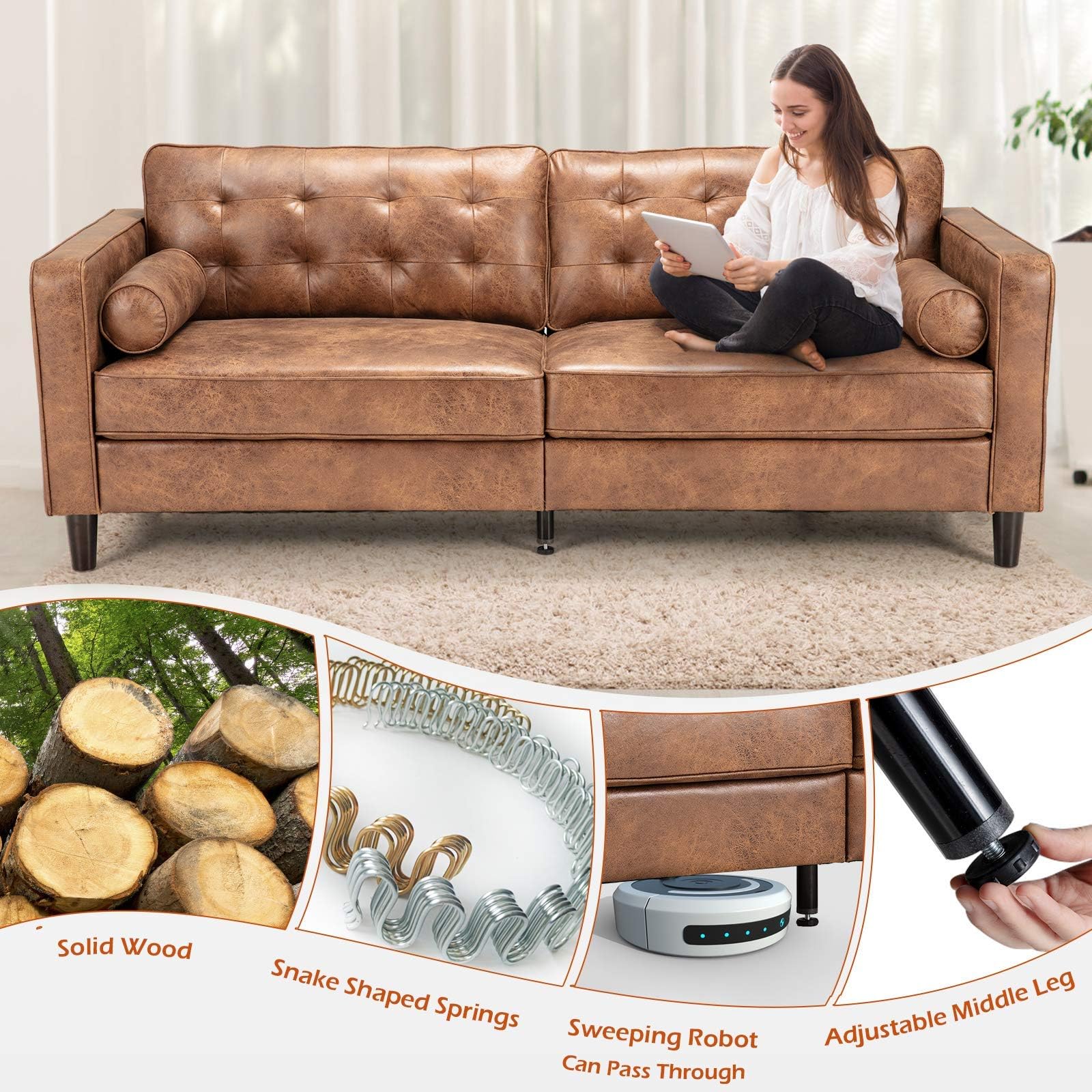 YODOLLA 84.2" Leather Sofa Couch, Mid-Century Modern Sofa with 2 Bolster Pillows, 3 Seats Sofa Vintage Couch for Living Room, Studio and More, Brown