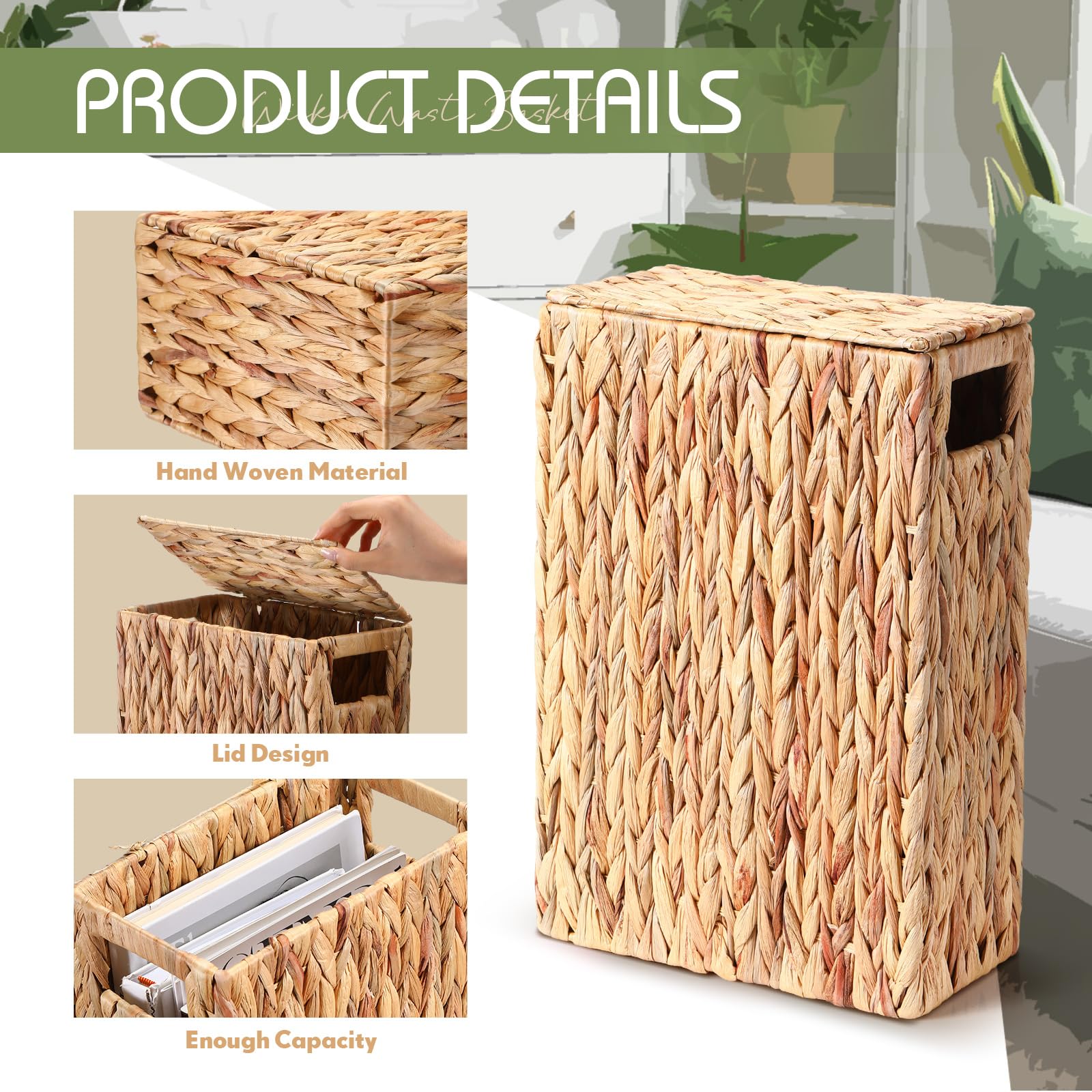 Vesici 6 Gallon Wicker Waste Basket with Lid Wicker Trash Can with Built-in Handles Handwoven Wicker Garbage Can for Bedroom, Bathroom, Kitchen, and Office